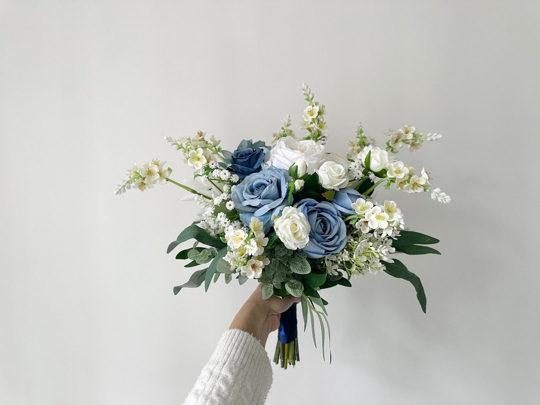 Navy & White Rose Bridal Bouquet 12/ Dusty Blue and Cream Wedding ...