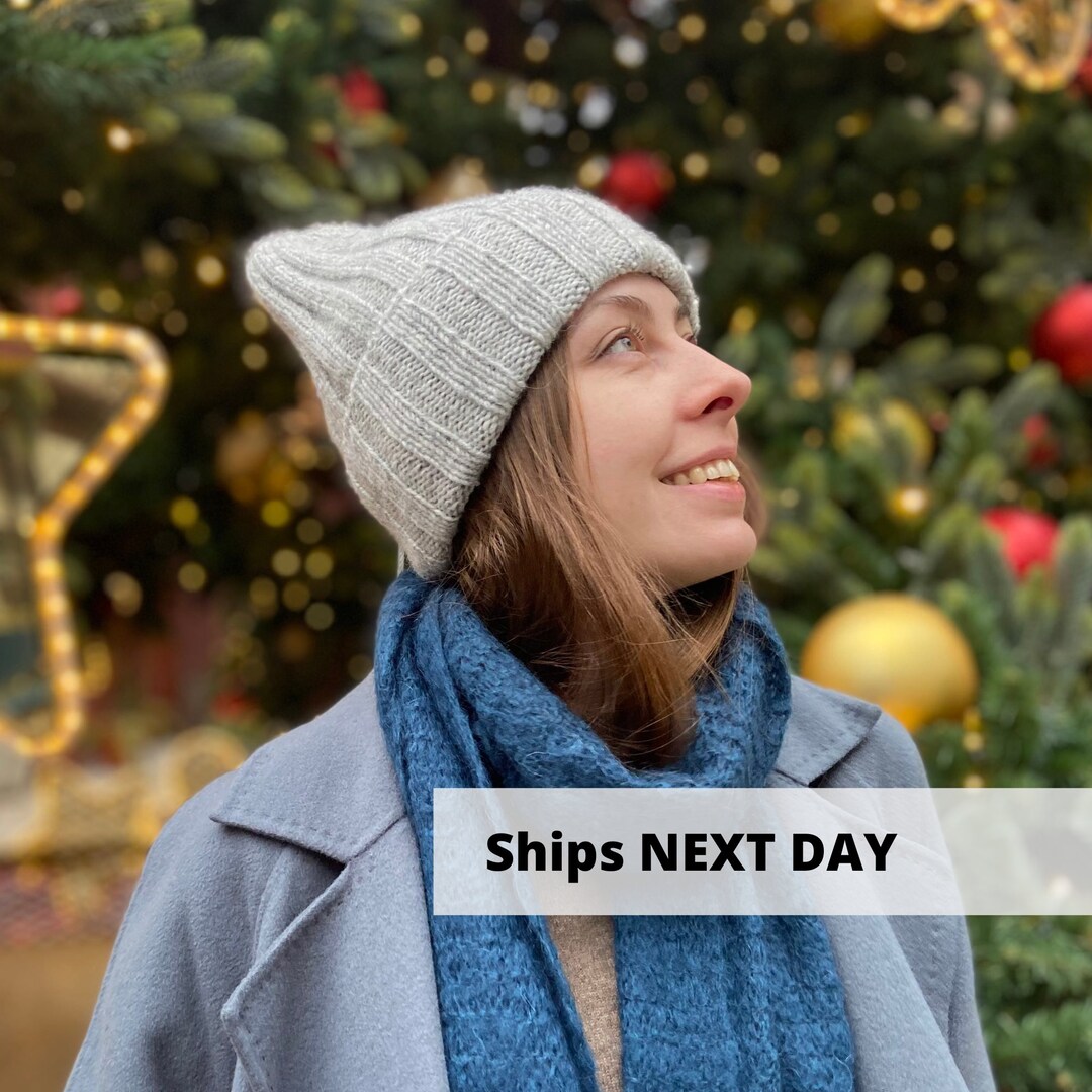 Light Gray Alpaca Wool Hat, Hand Knit Ribbed Merino Wool Hat, Handmade ...