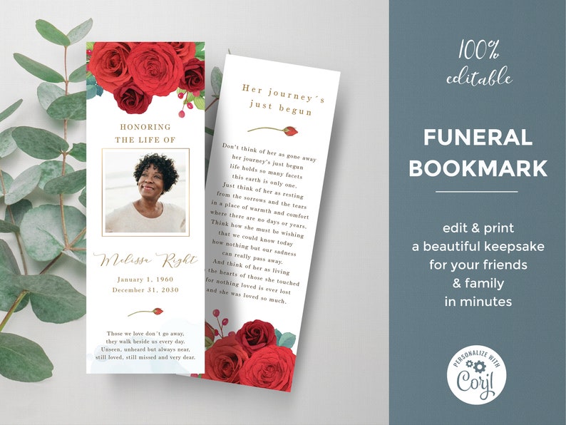 Memorial Keepsake With Red Roses Celebration of Life Floral - Etsy