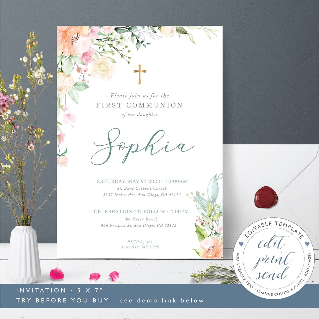 Pastel Colors Floral Communion Invite for Girl, Holy Communion ...