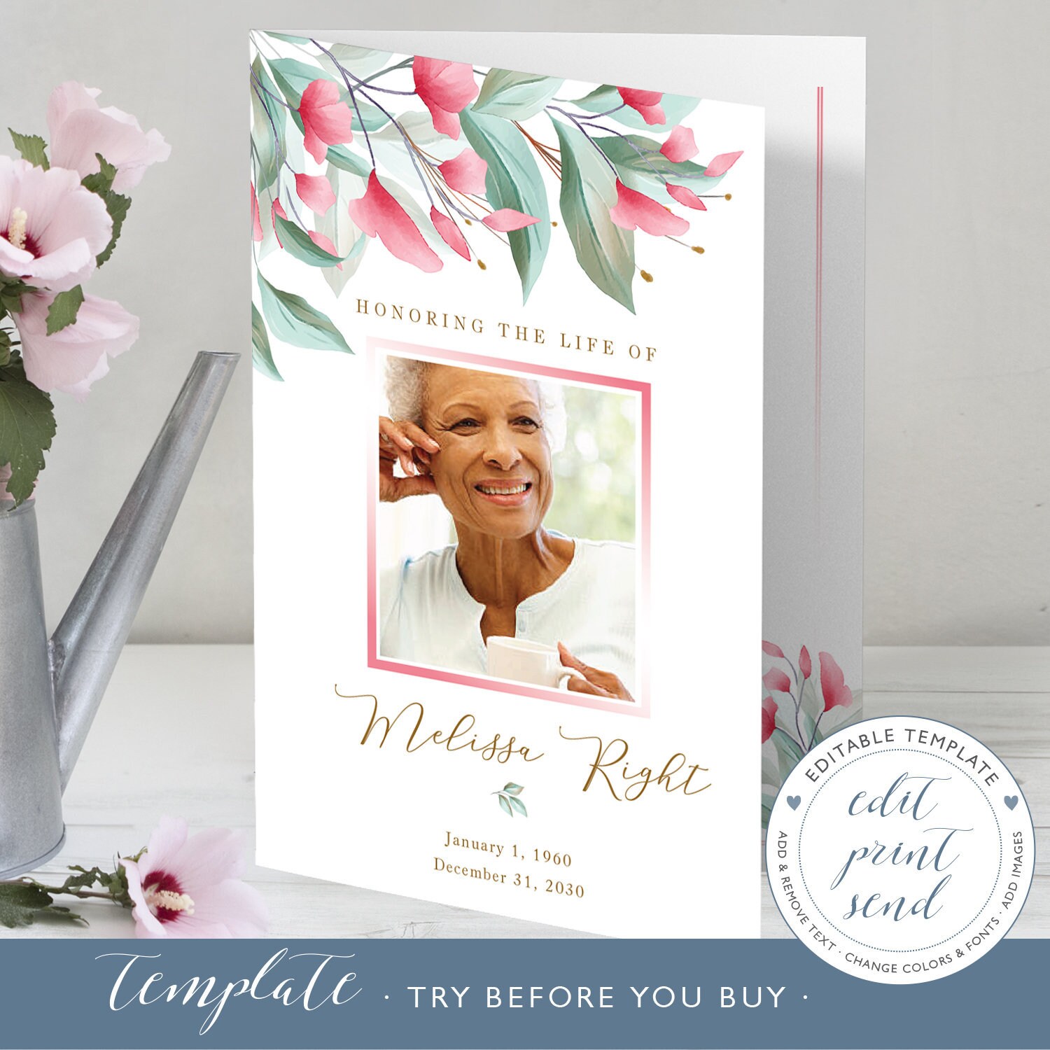 Greenery Pink Funeral Program Template Celebration of Life - Etsy