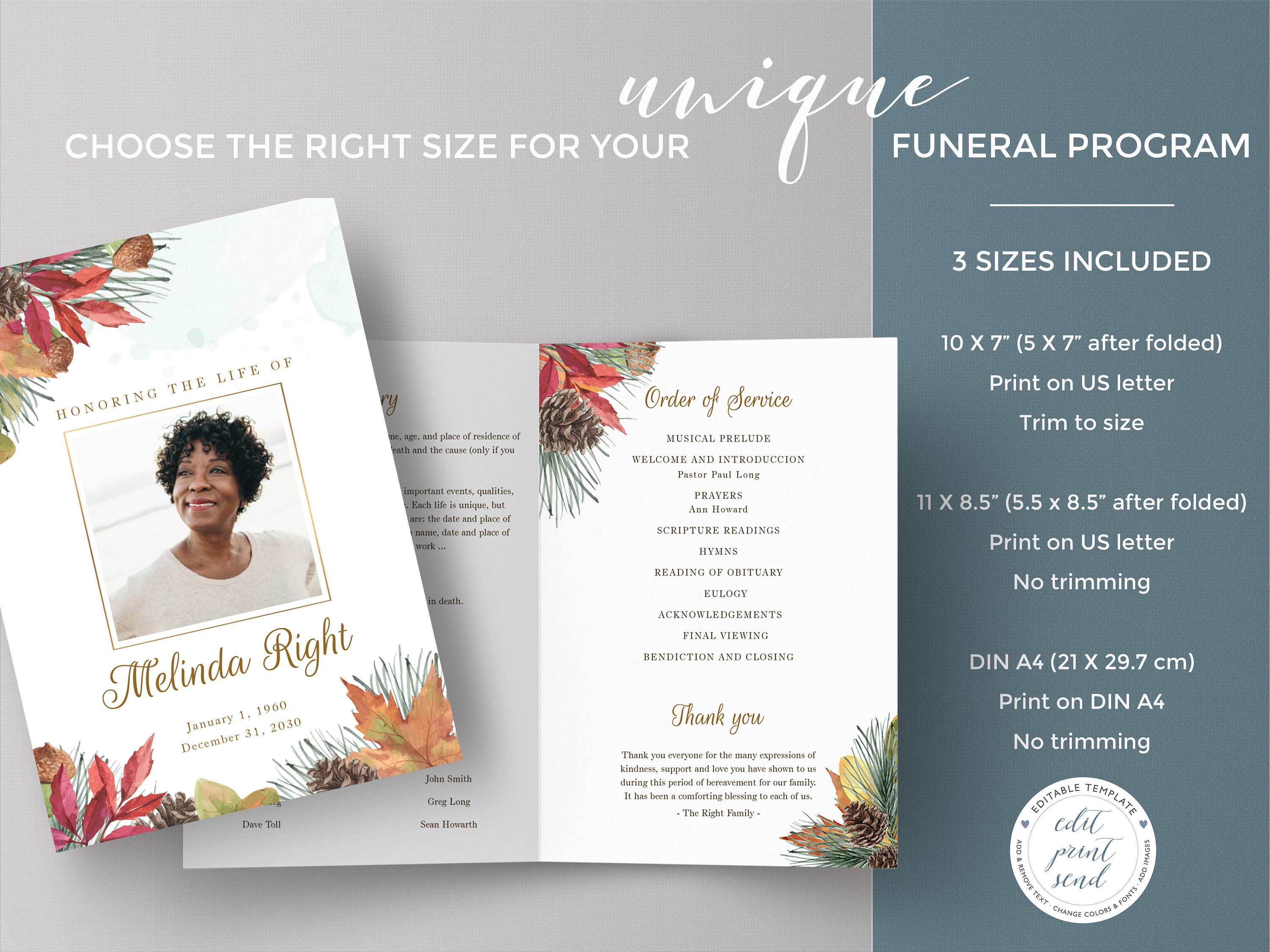 Fall Funeral Program Template Celebration of Life Floral - Etsy
