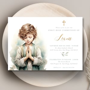 Boy First Holy Communion Illustrated Invitation Template, Boy Praying ...