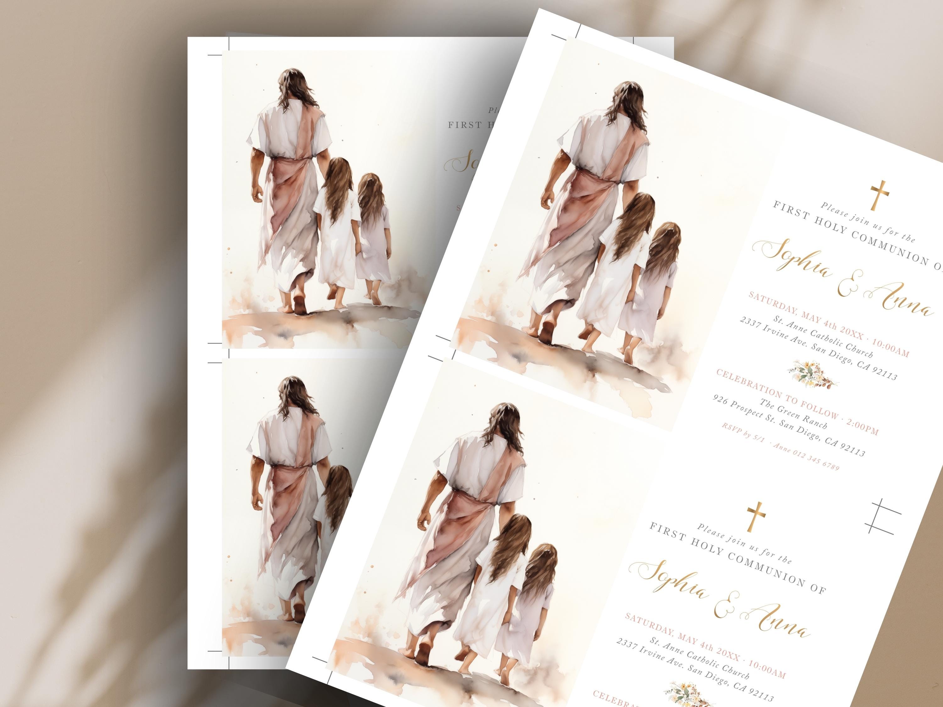 First Holy Communion Invitation Twin Girls With Jesus , EDITABLE ...