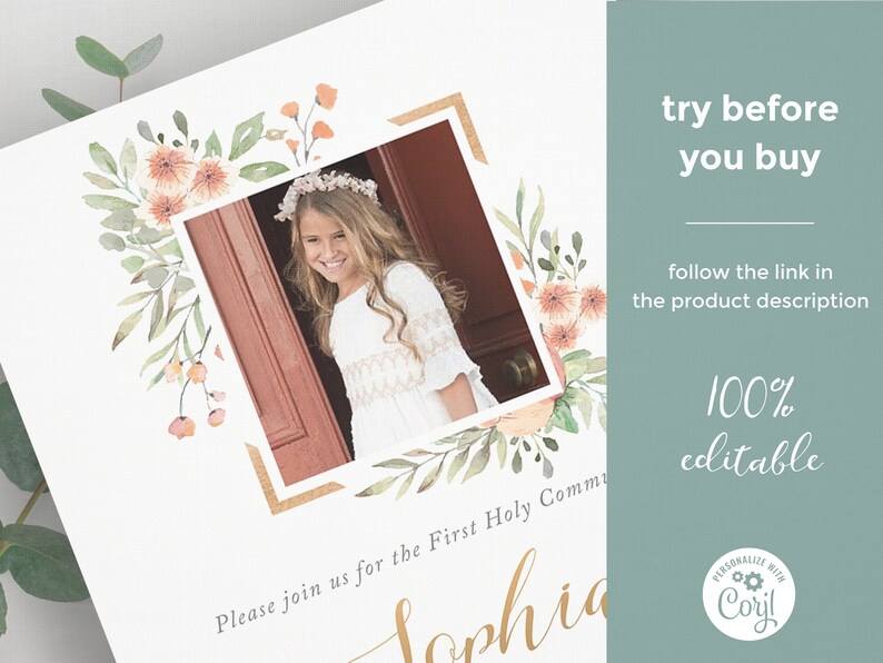 Terracotta First Communion Invitation With Photo, Girl First Holy ...