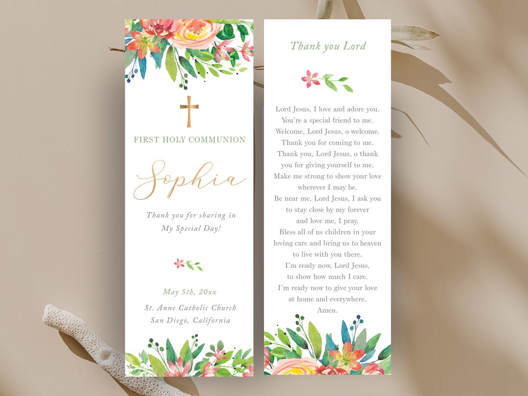 Editable First Communion Bookmark for Girl With Colorul Flowers, Prayer ...