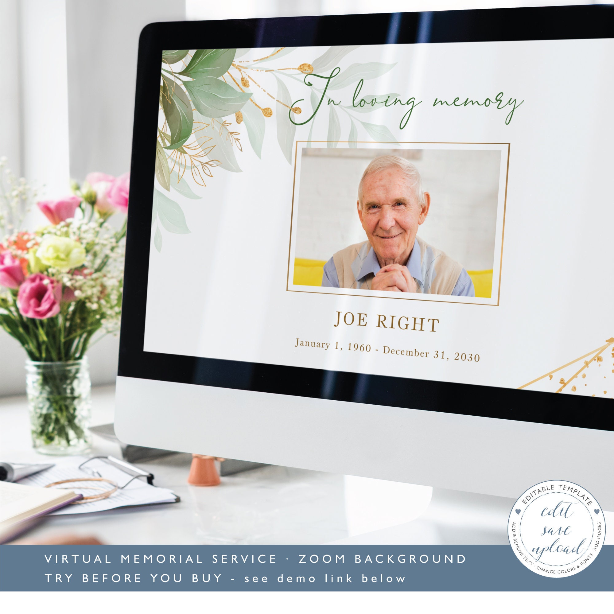 Greenery Gold ZOOM Funeral Background for Man Template for - Etsy