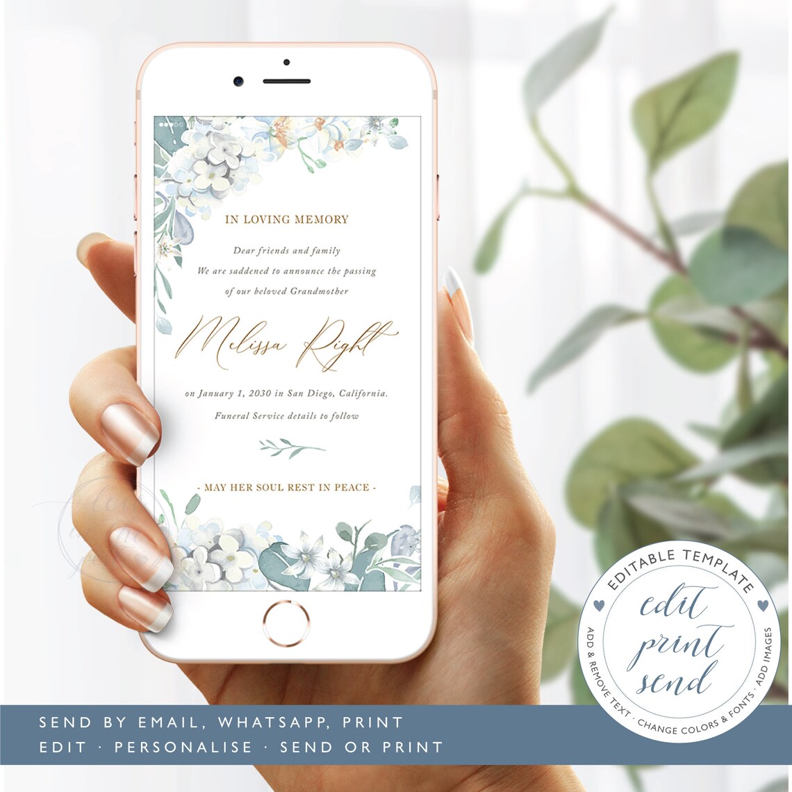 Death Announcement Digital Template, Electronic Death Announcement Card ...