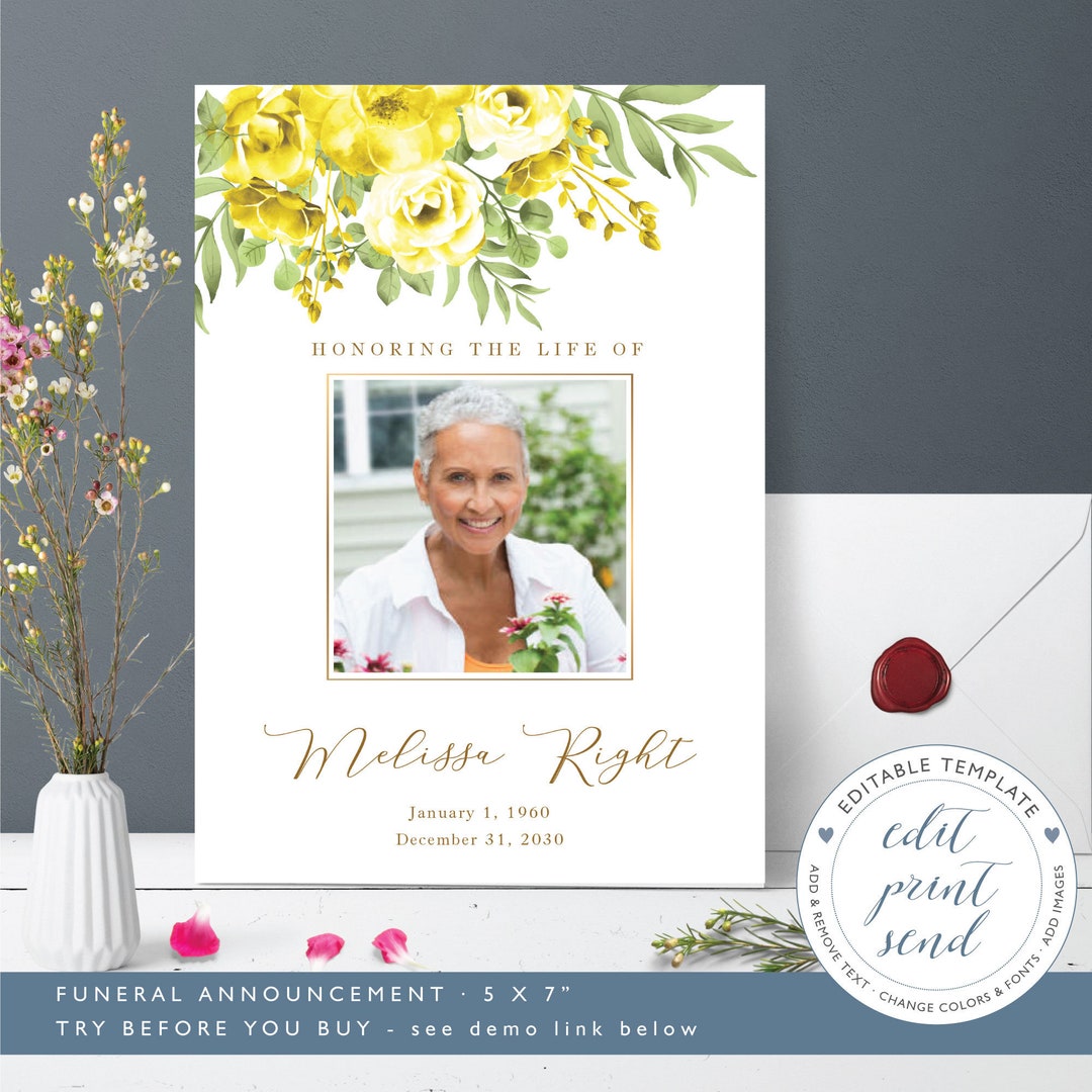 Yellow Roses Memorial Announcement Template, Celebration of Life Floral ...