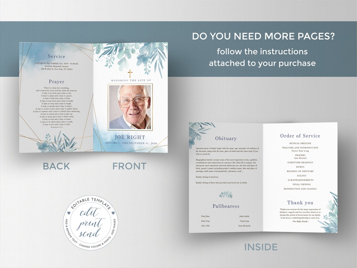 Watercolor Funeral Program Template for man Blue and Gold | Etsy