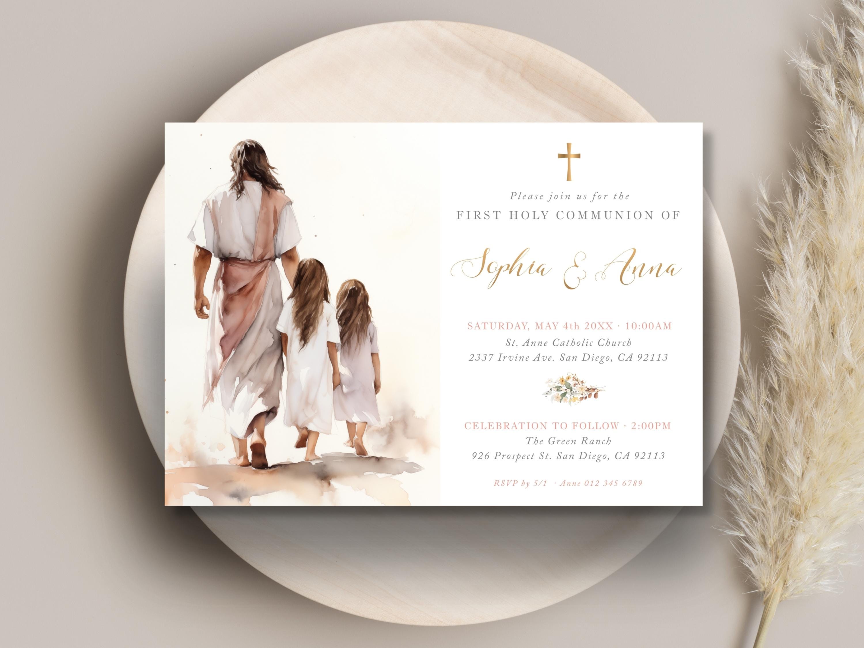 First Holy Communion Invitation Twin Girls With Jesus , EDITABLE ...