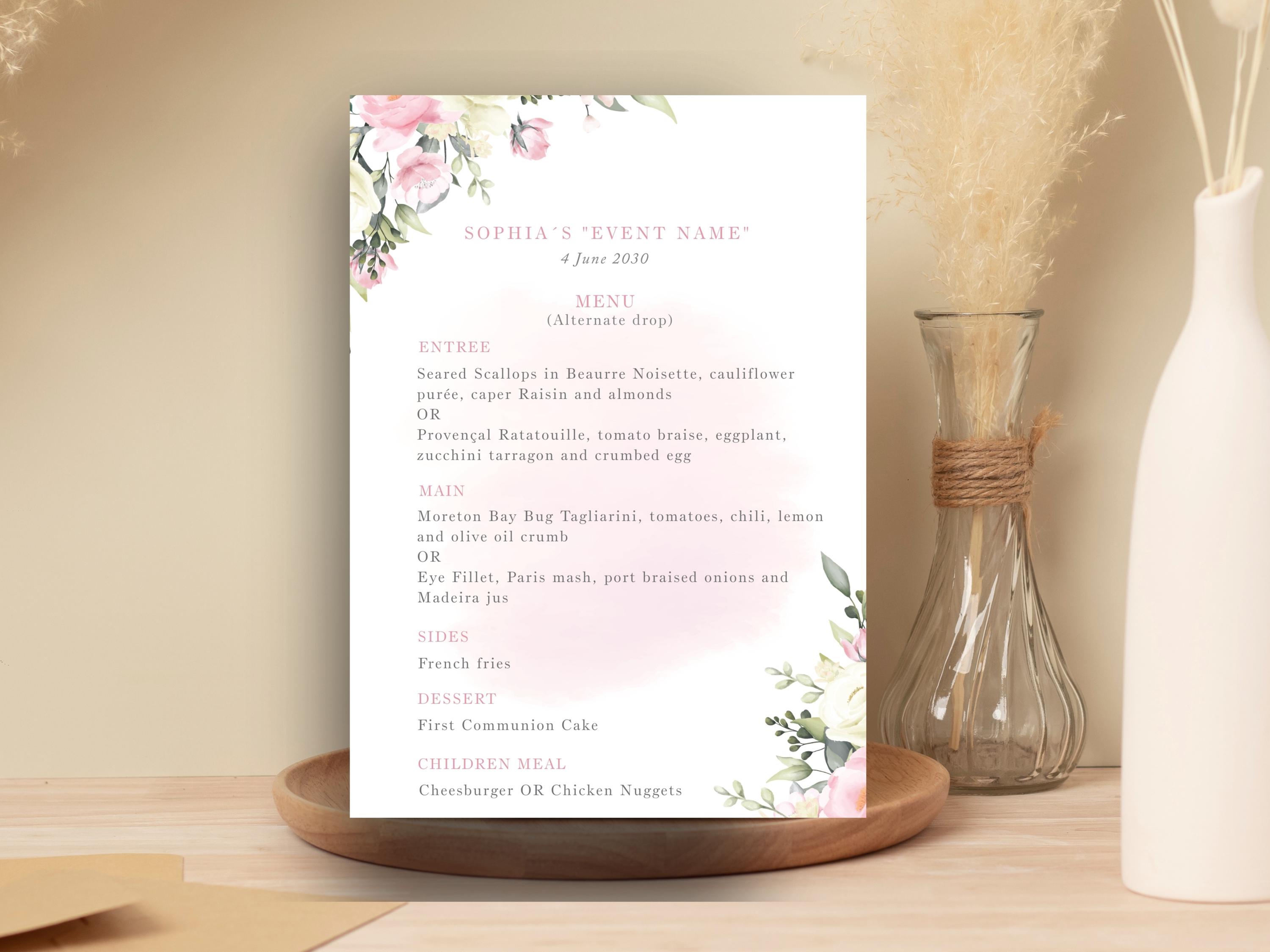 Editable Menu for Girl With Prink Flowers, Multi-event, First Communion ...