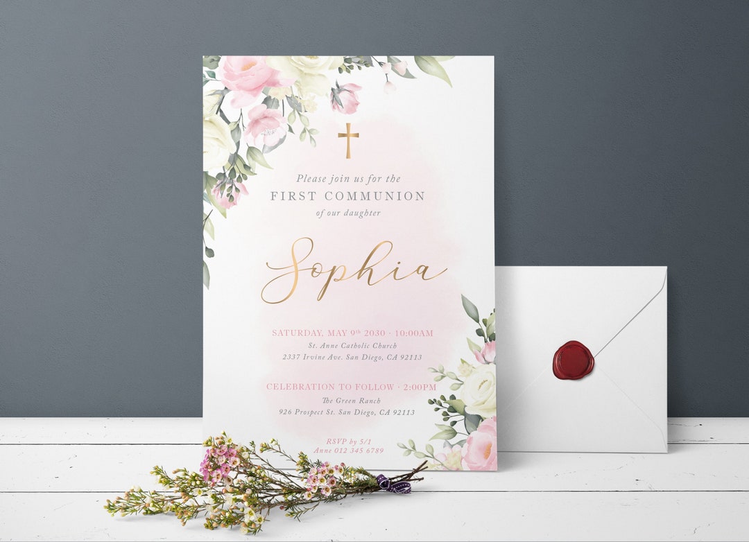 Pink Blush First Communion Invite for Girl, Holy Communion Invitation ...