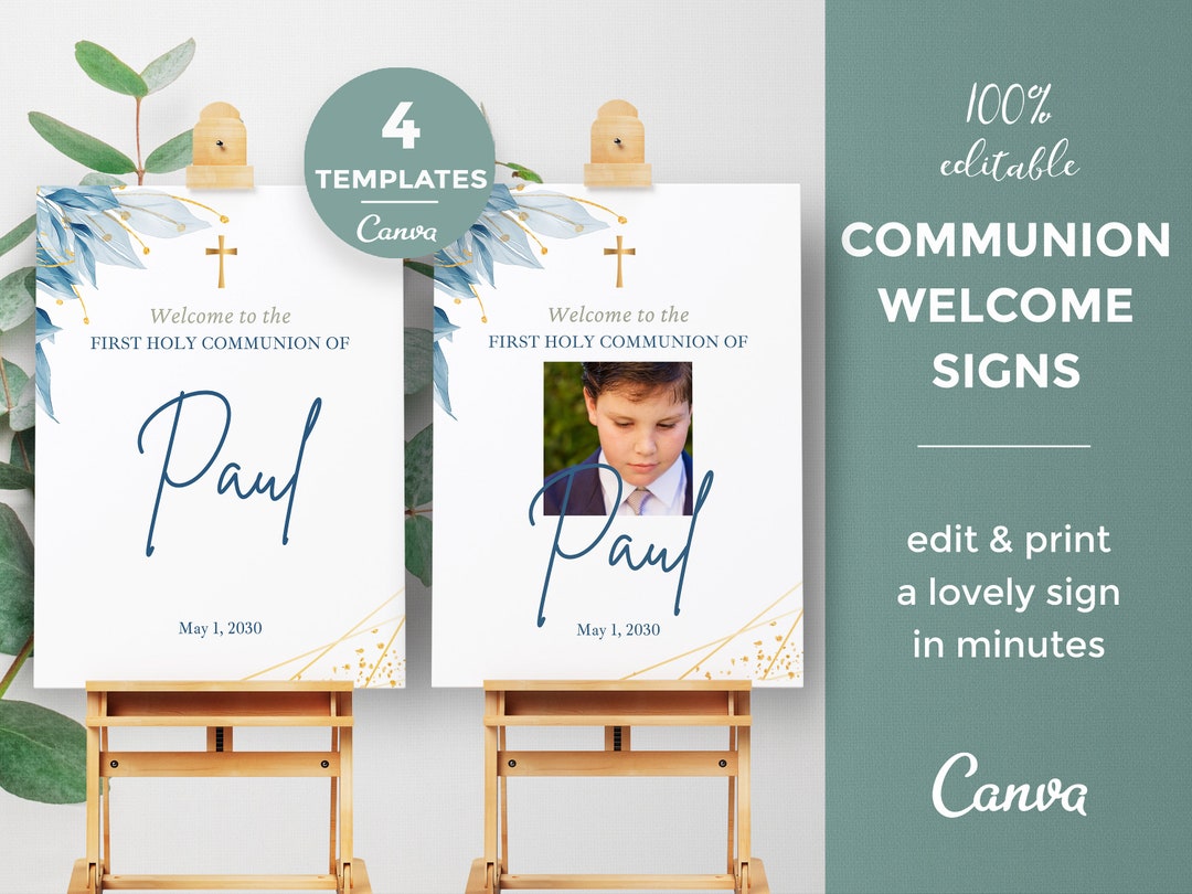 Blue Leaves Communion Welcome Sign for Boy, First Holy Communion ...