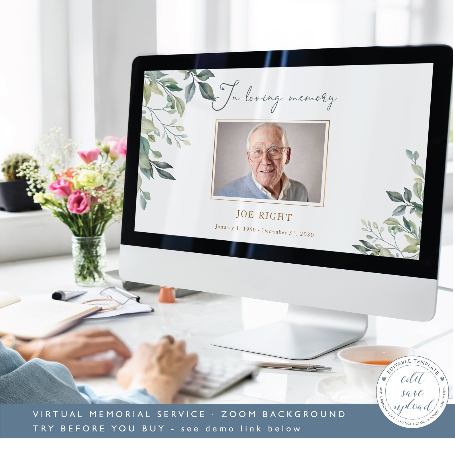 Greenery Virtual Funeral Background for Man ZOOM Template for | Etsy
