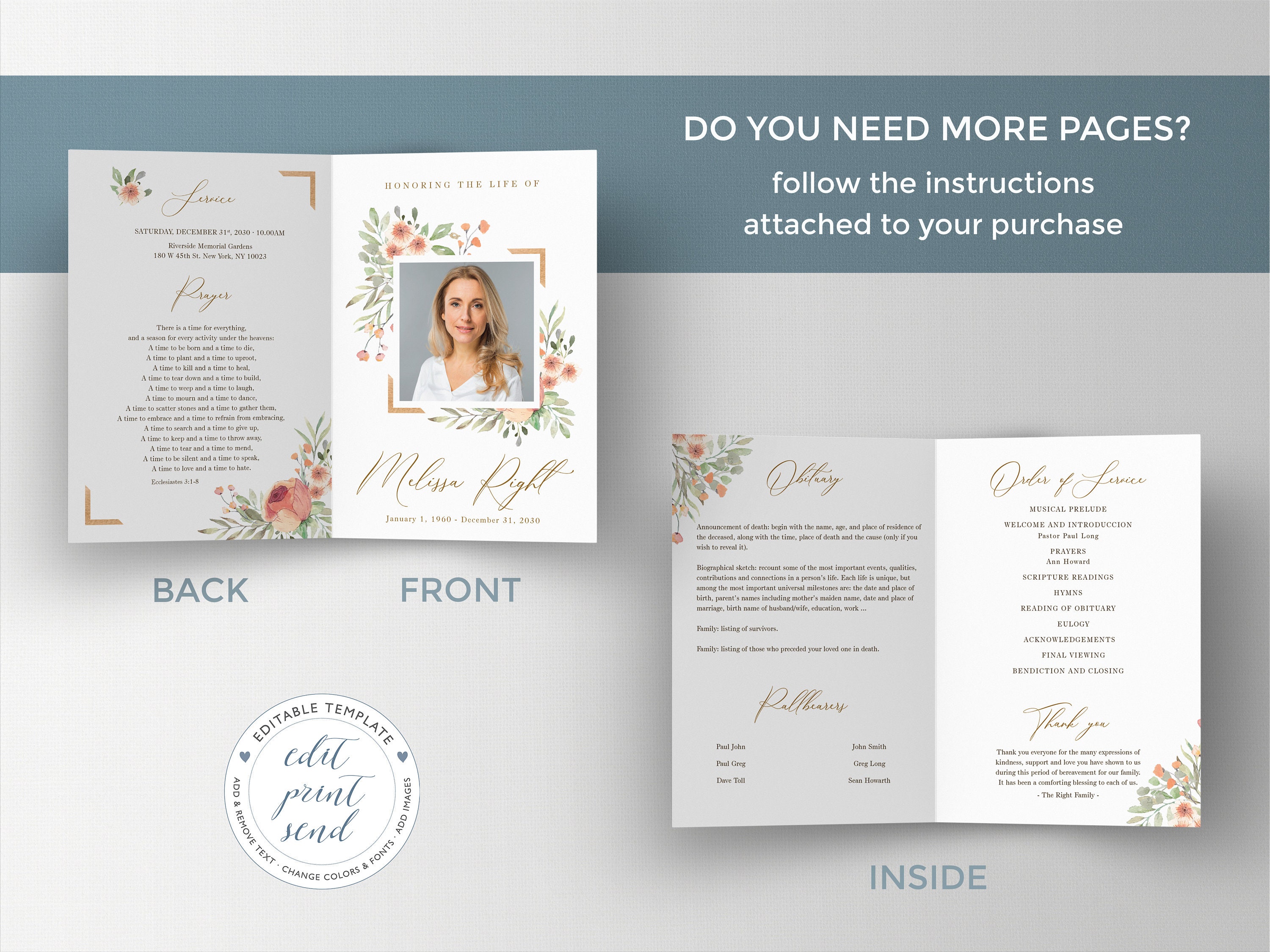 Editable Peach Floral Funeral Program Template Memorial - Etsy