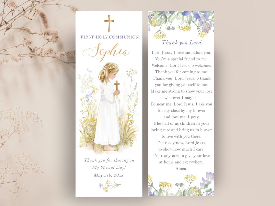 First Holy Communion Editable Bookmark Template for Girl, Prayer Card ...