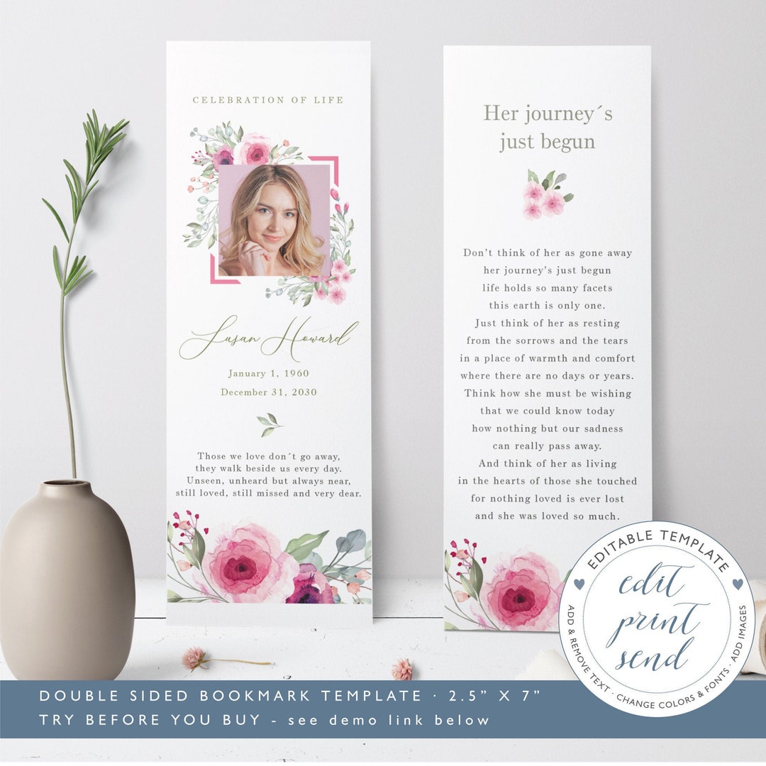 Pink Floral Funeral Bookmark, Celebration of Life Bookmark Template ...
