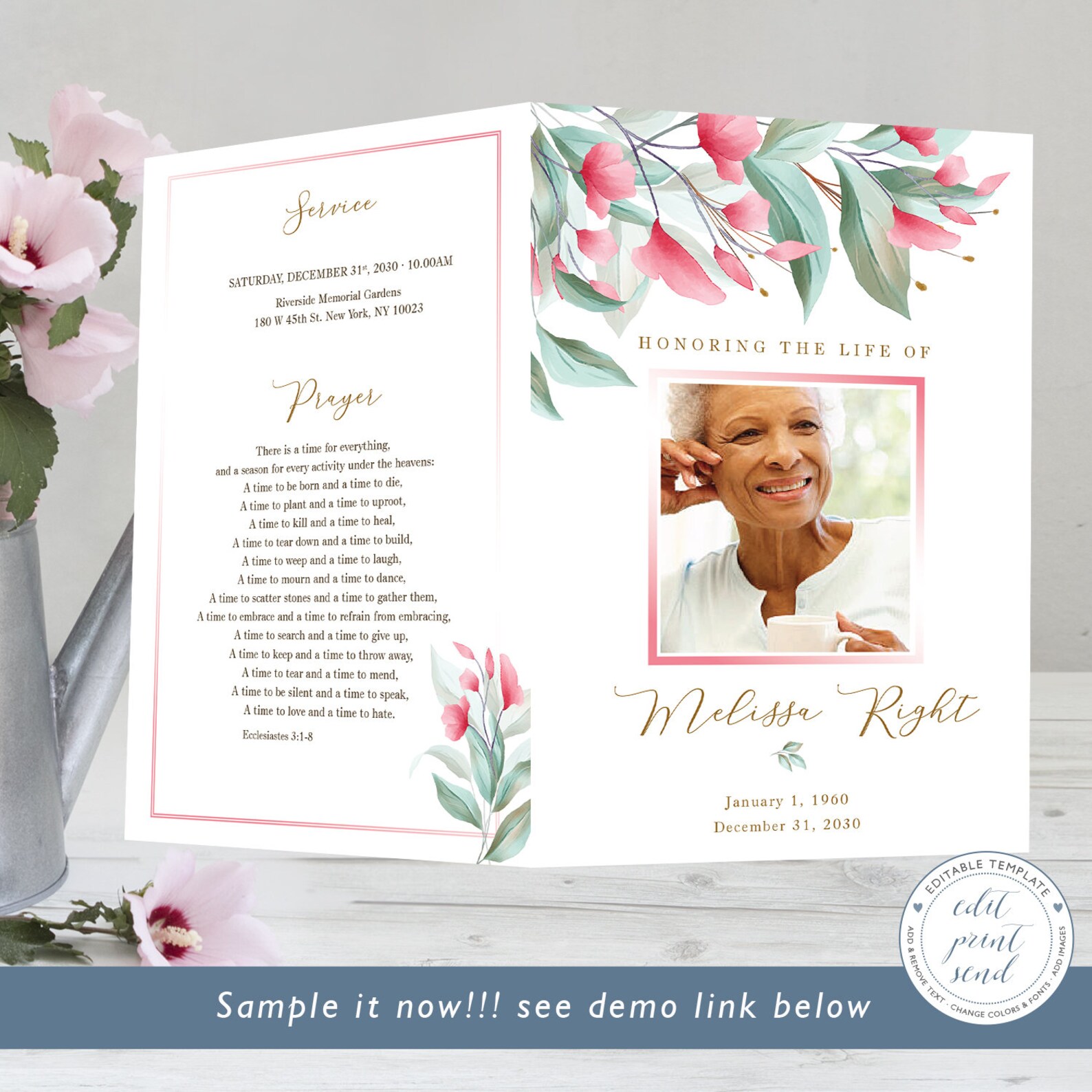 Greenery Pink Funeral Program Template Celebration of Life - Etsy