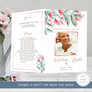 Greenery Pink Funeral Program Template, Celebration of Life Floral ...