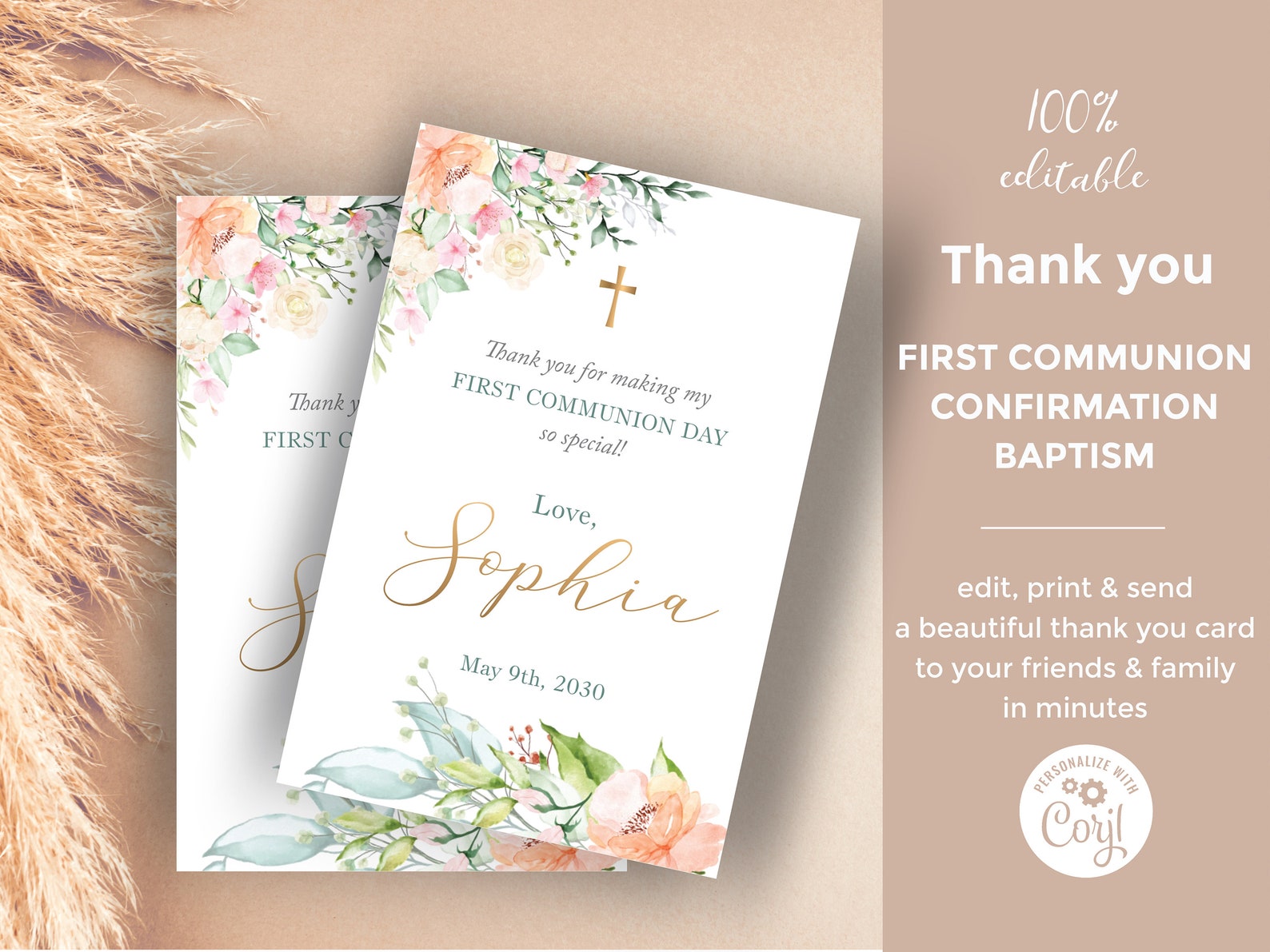 First Communion Thank You Card for Girl Editable Thank You - Etsy