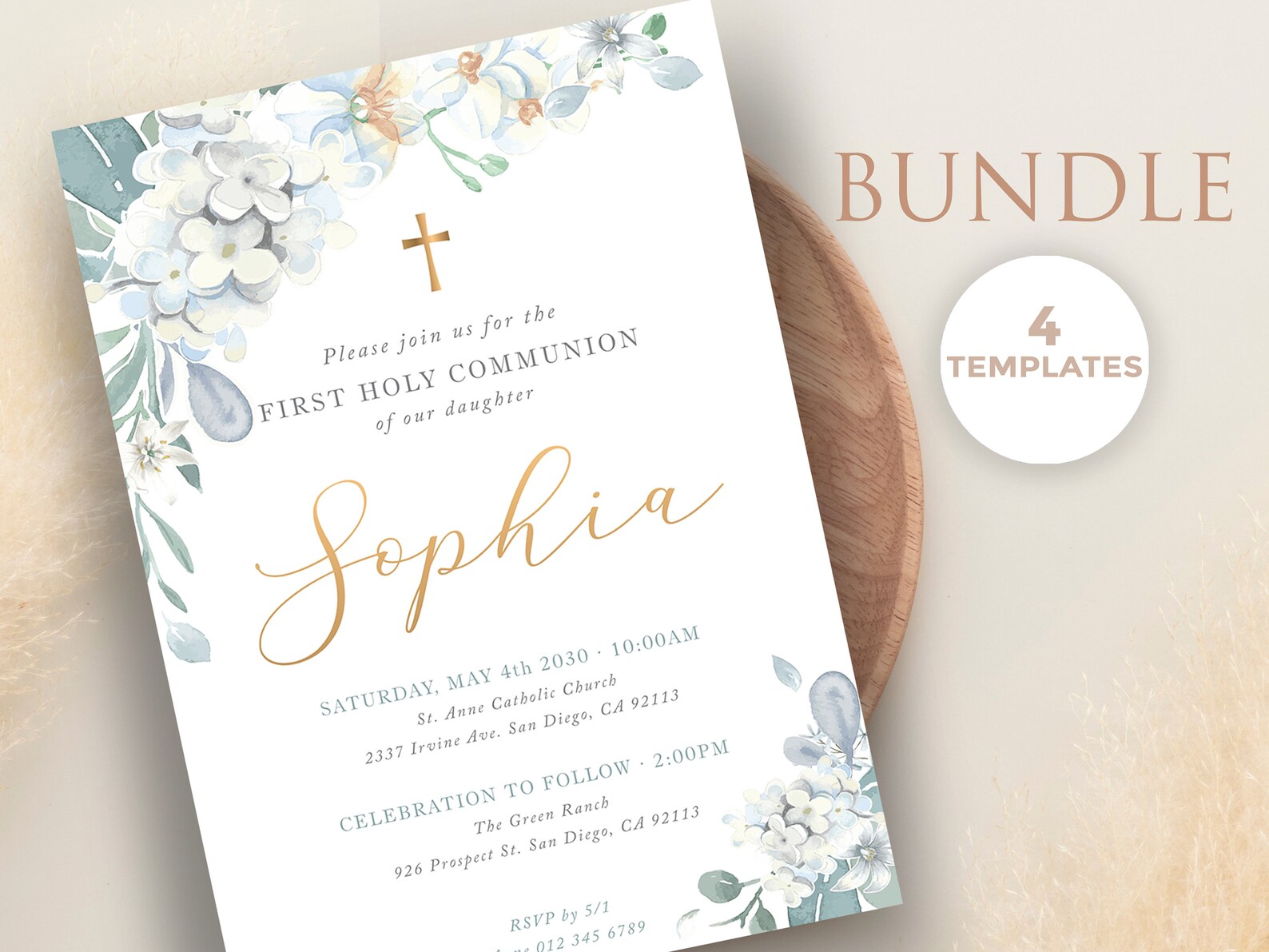 Teal First Communion Templates Set for Girl, Holy Communion Invitation ...