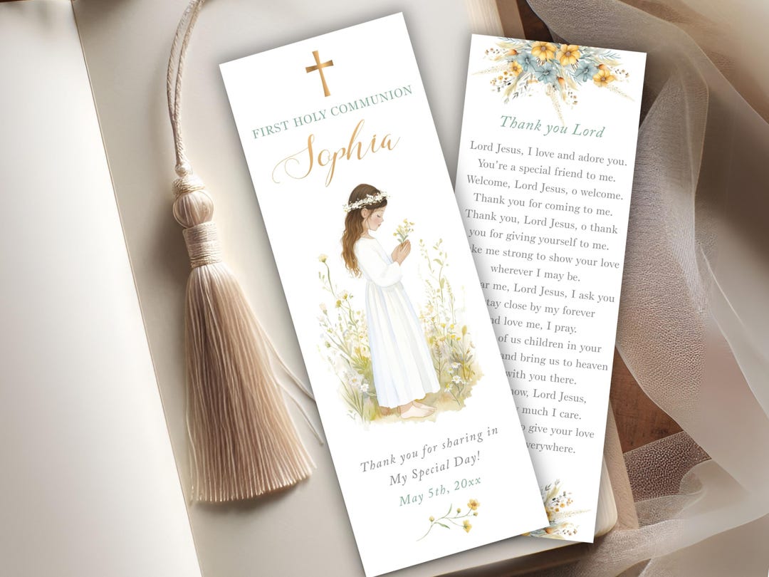 Editable First Holy Communion Bookmark Template for Girl, Prayer Card ...