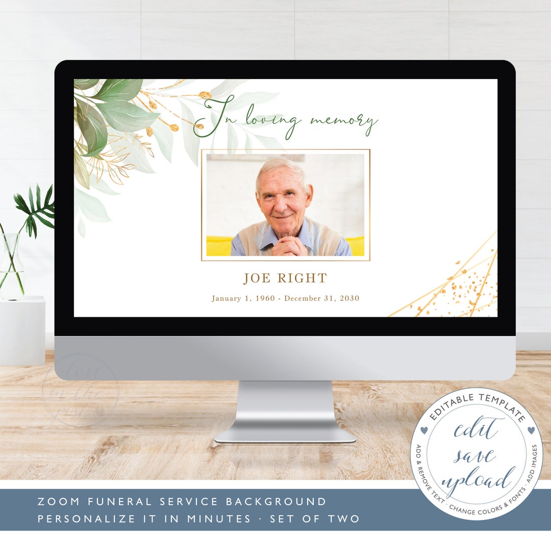Greenery Gold ZOOM Funeral Background for Man, Template for Virtual ...