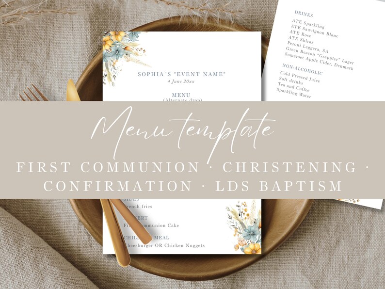 Editable Menu for Girl With Wildflowers, Multi-event, First Communion ...