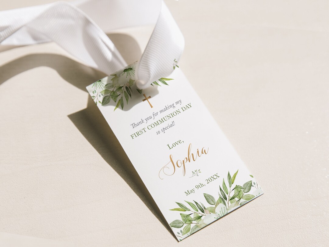 White Flowers and Green First Communion Favor Tag, Editable Gift Tag ...