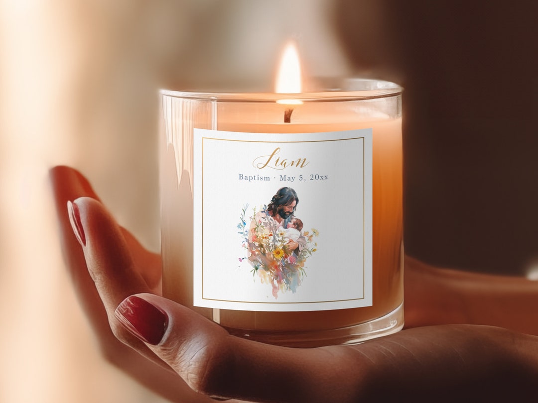 Baptism Candle Label Printable TEMPLATE, Jesus With a Baby Wildflowers ...