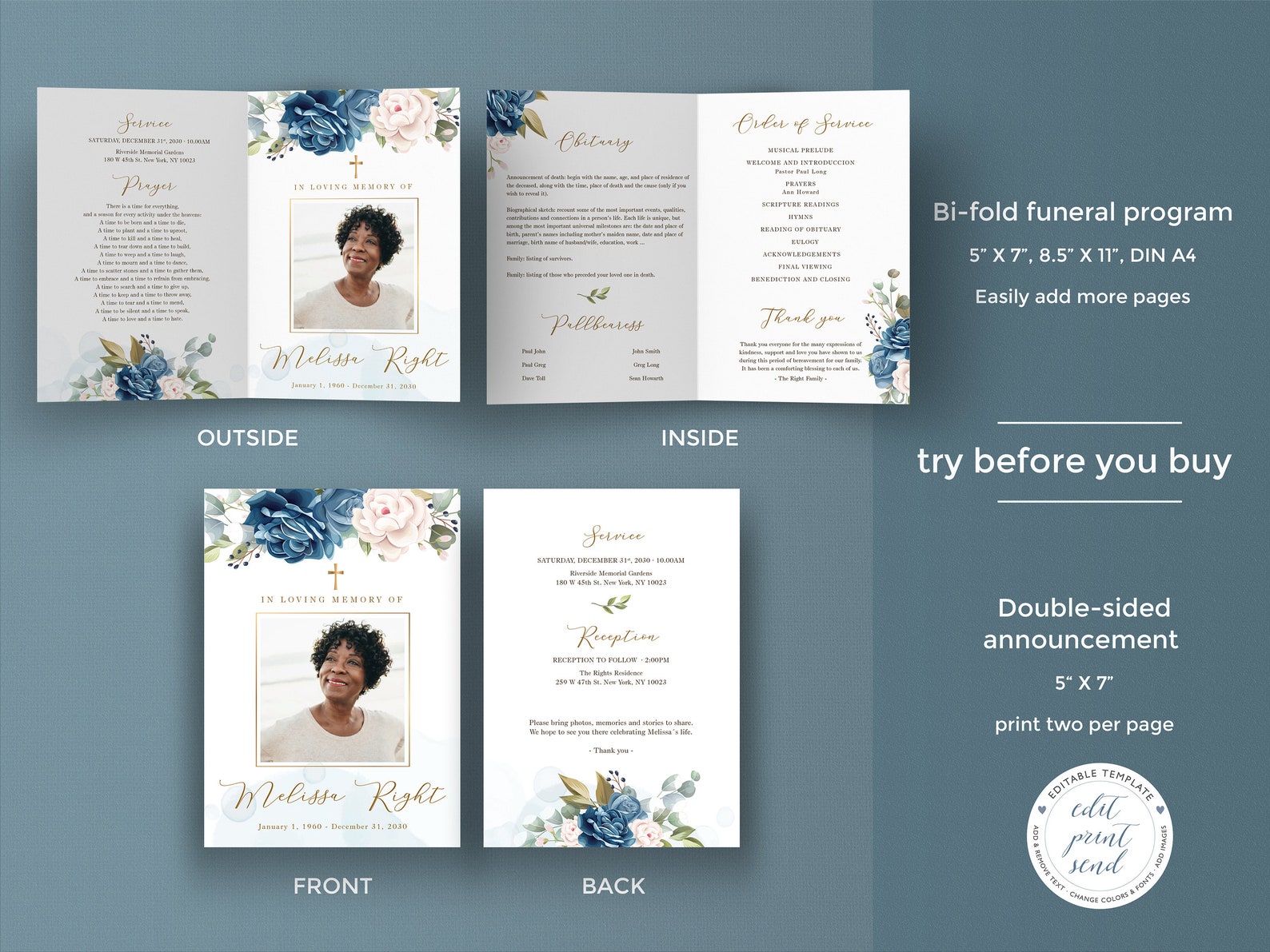 Blue Roses Funeral Template Bundle for Woman Memorial - Etsy