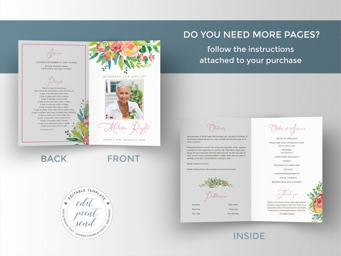 Spring Floral Funeral Program Template Colorful Celebration - Etsy