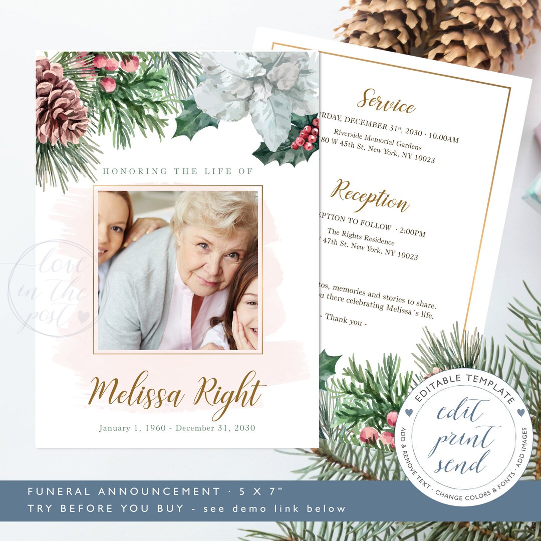Christmas Funeral Announcement Template, Memorial Service Invitation ...