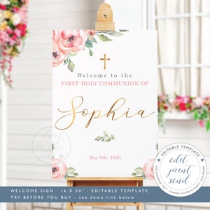 Pink Floral Communion Welcome Sign, First Communion Welcome Poster ...