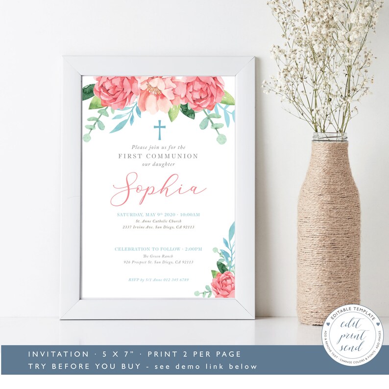 Pink and blue First Communion template Editable Invite for | Etsy