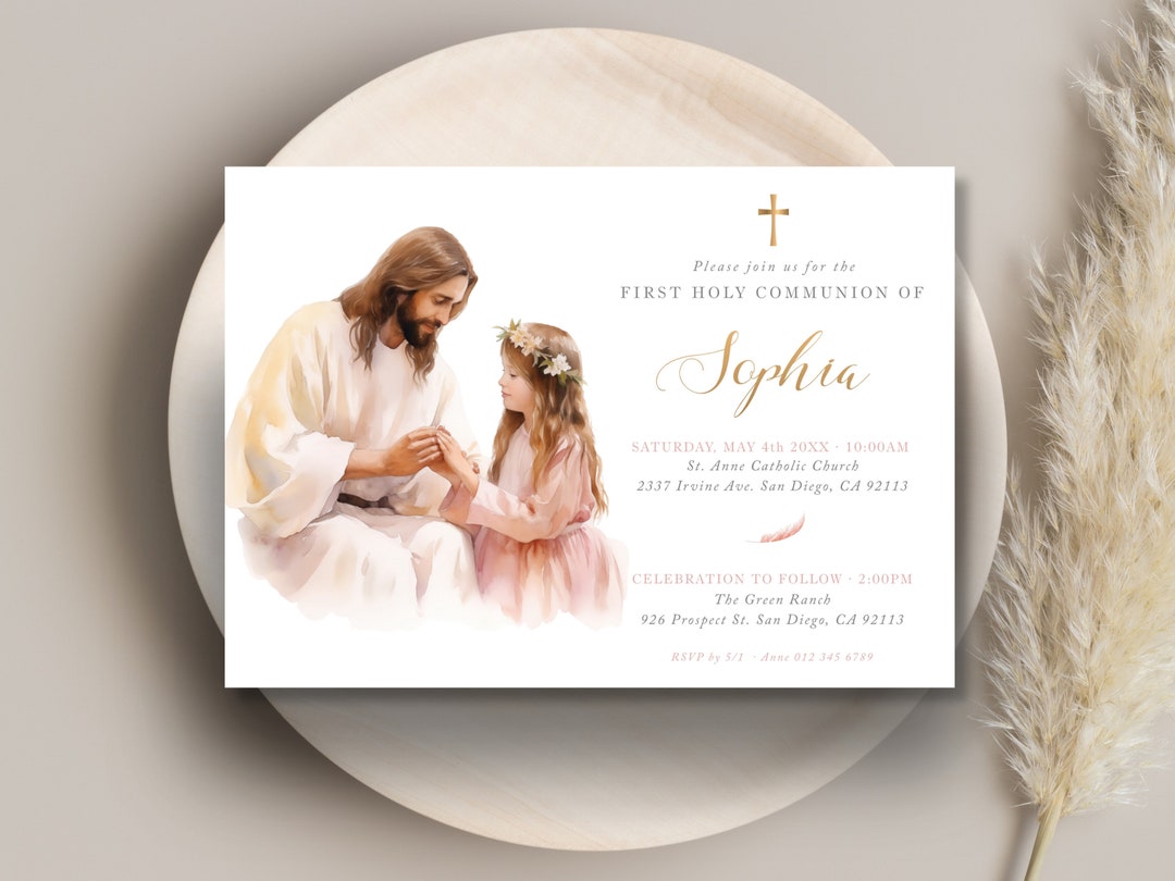 Jesus Christ and a First Holy Communion Girl Invitation, EDITABLE ...