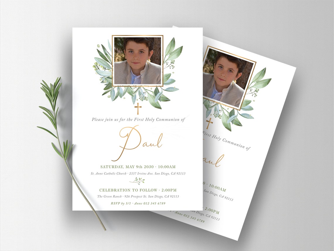 Boy First Communion Photo Invitation With Olive Branches Holy | Etsy