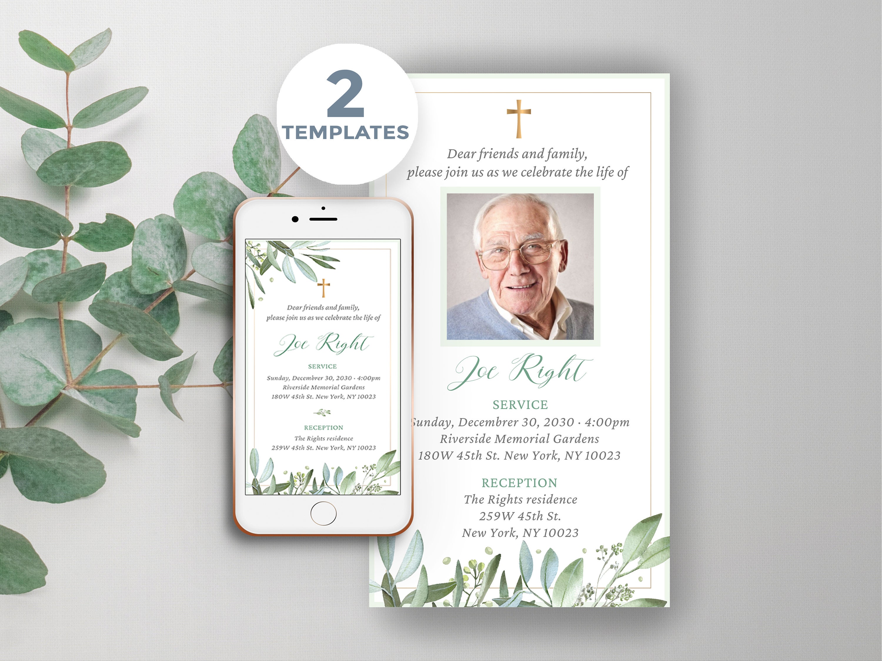 Electronic Funeral Invitation Templates for Man Greenery | Etsy