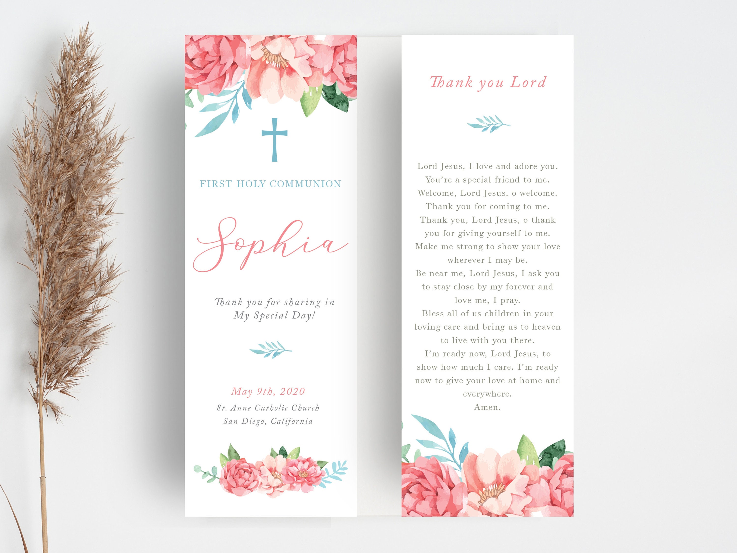 First Communion Bookmark for Girl, Pink and Blue Communion Prayer Card ...