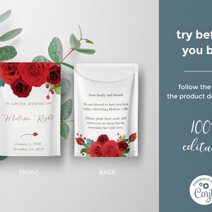 Red Roses Seed Packet for Funeral, Memorial Seed Packet Template for ...