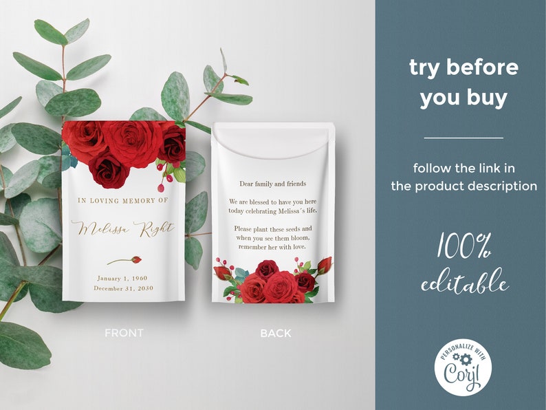 Red Roses Seed Packet for Funeral Memorial Seed Packet - Etsy