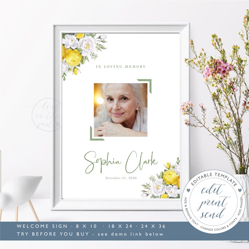 Yellow Roses Funeral Welcome Sign Template, Printable Memorial Service ...
