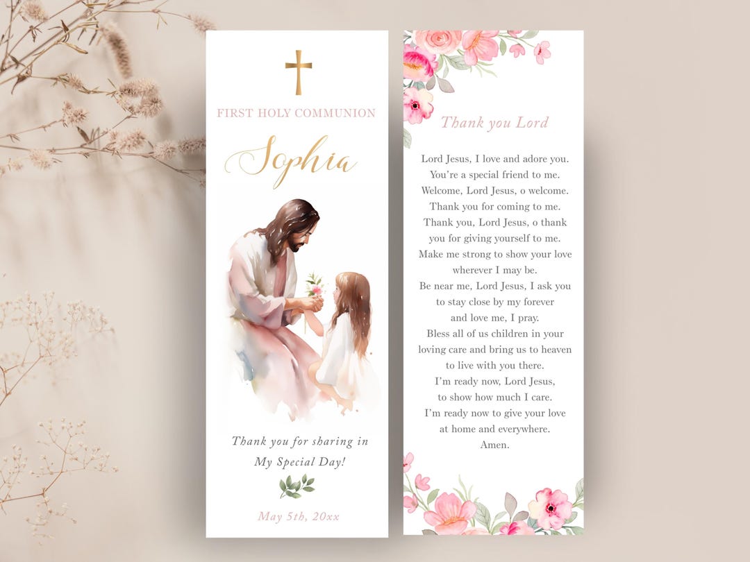 Editable First Holy Communion Bible Bookmark TEMPLATE for Girl, Jesus ...