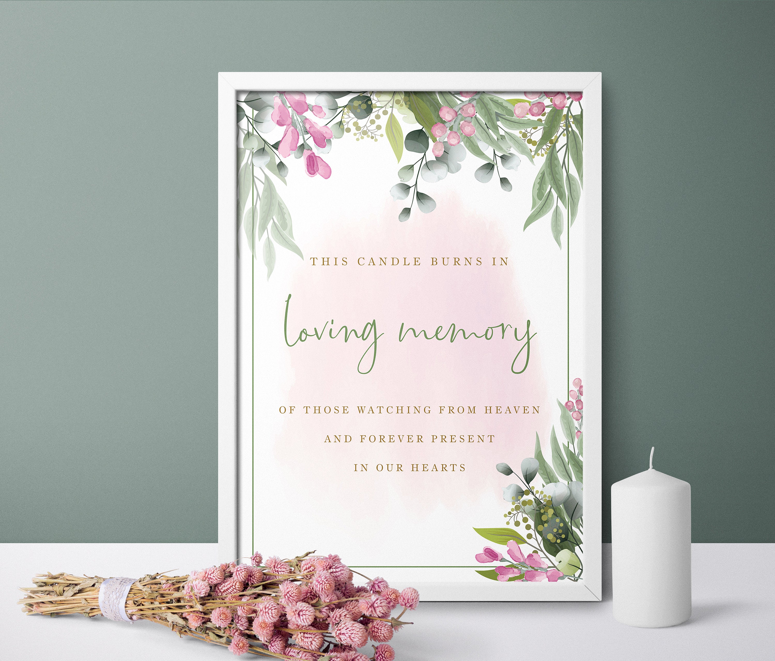 Pink flowers and greenery Memorial candle sign In loving | Etsy