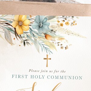 First Communion Invitation Template for Girl, Rustic Wildflowers Holy ...