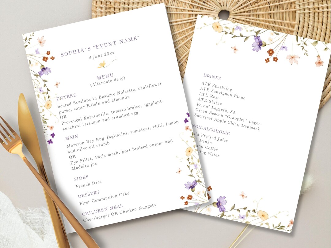Editable Menu for Girl With Wildflowers, Multi-event, First Communion ...