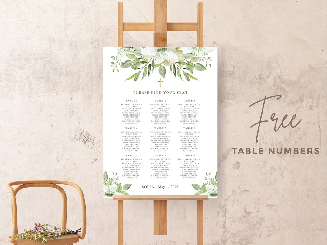 White Floral First Holy Communion Seating Chart Template, Editable Seat ...