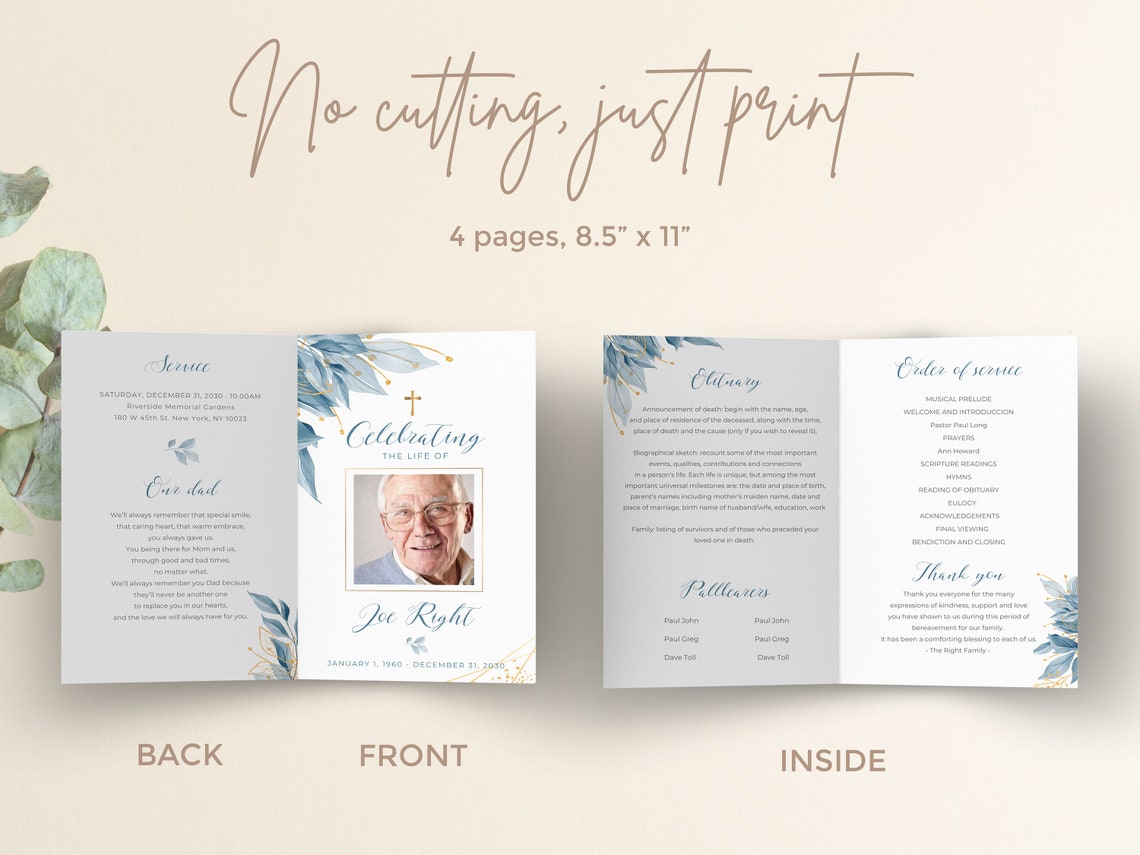 Memorial Program Template for Man Editable Funeral 4 Pages - Etsy