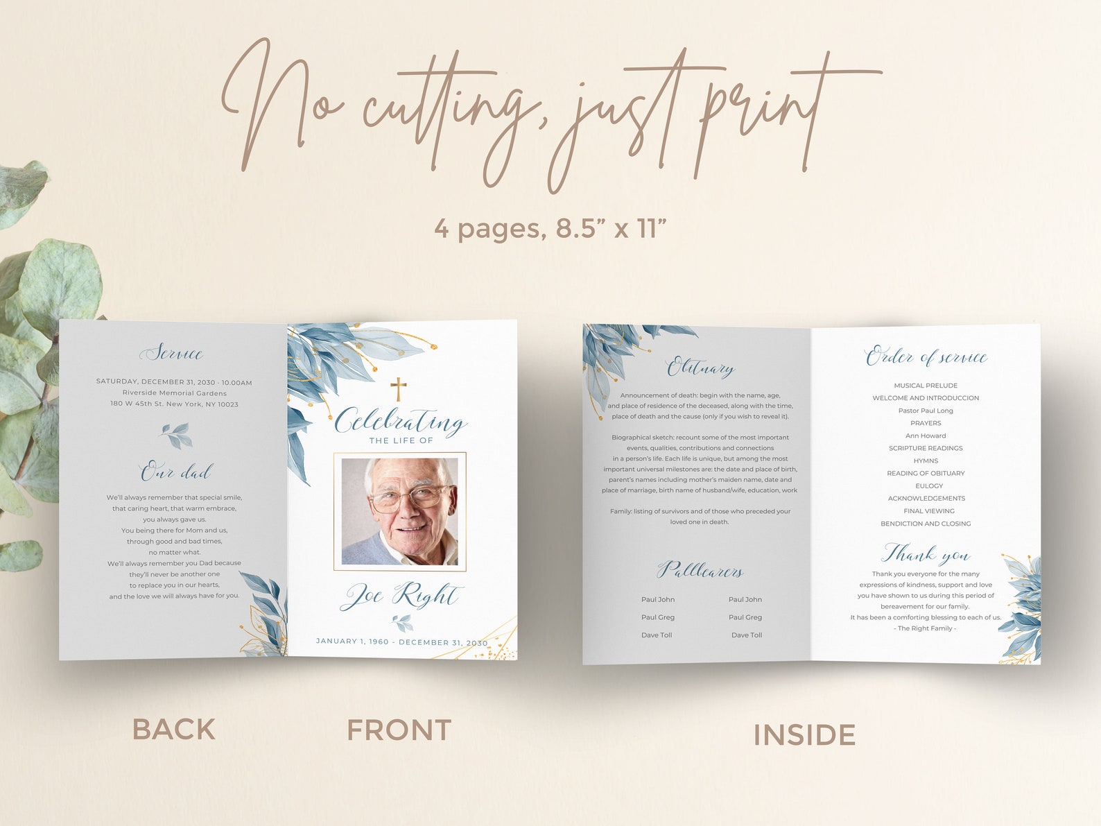 Memorial Program Template for Man, Editable Funeral 4 Pages Program ...